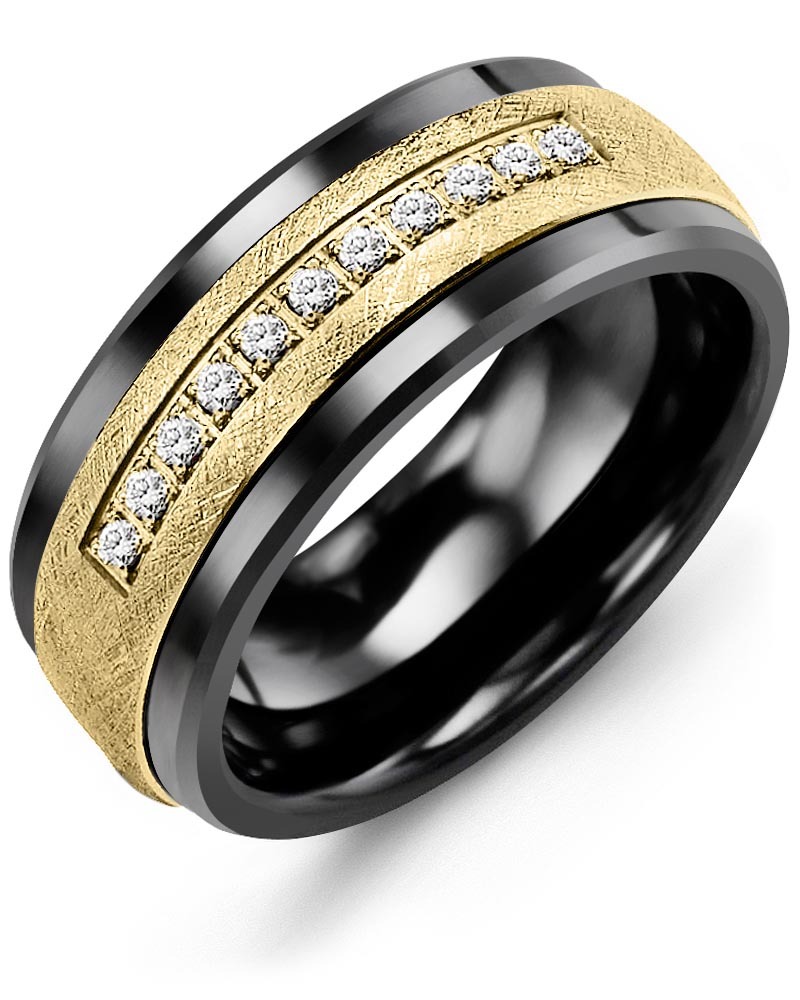 Men's Brushed Diamond Wedding Band in Black Ceramic Yellow Gold 9mm 15 ...