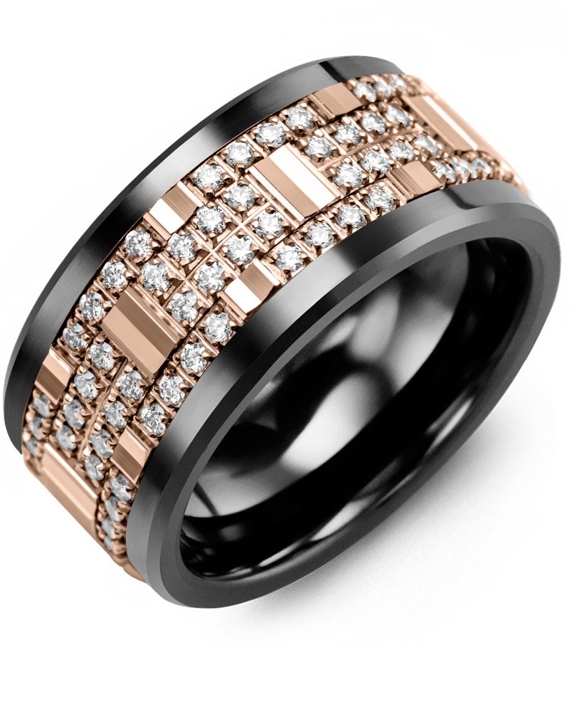 Men's Wide Faceted All Diamond Wedding Ring in Black Ceramic White Gold ...