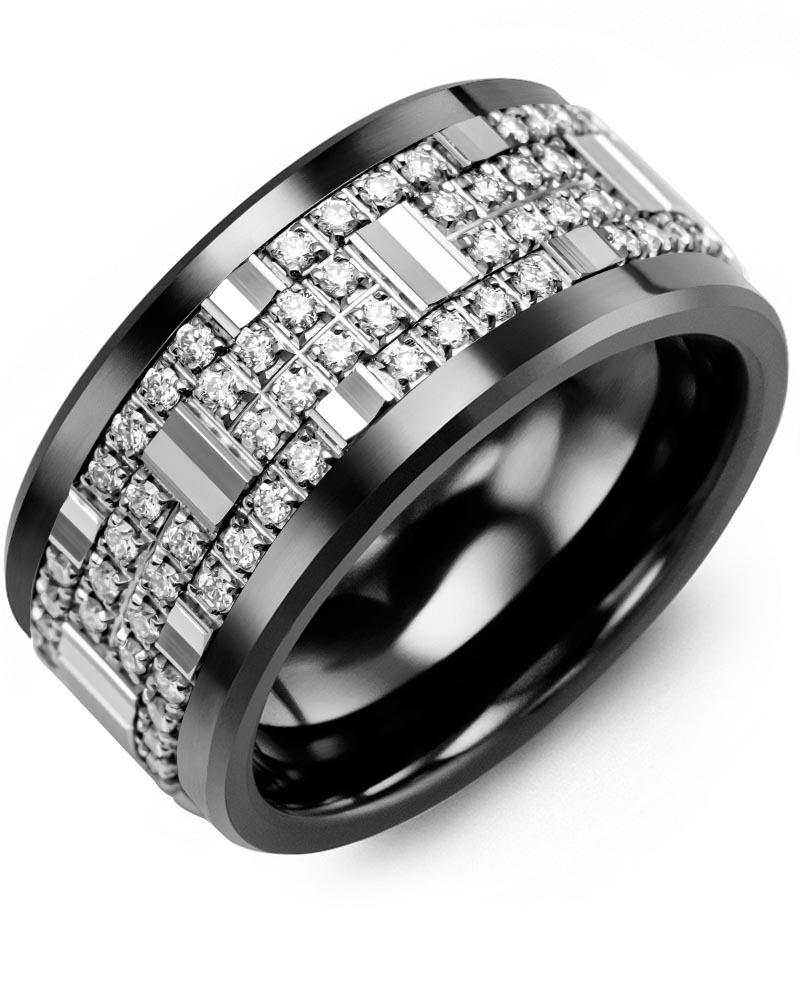 Men's Wide Faceted All Diamond Wedding Ring in Black Ceramic White Gold ...