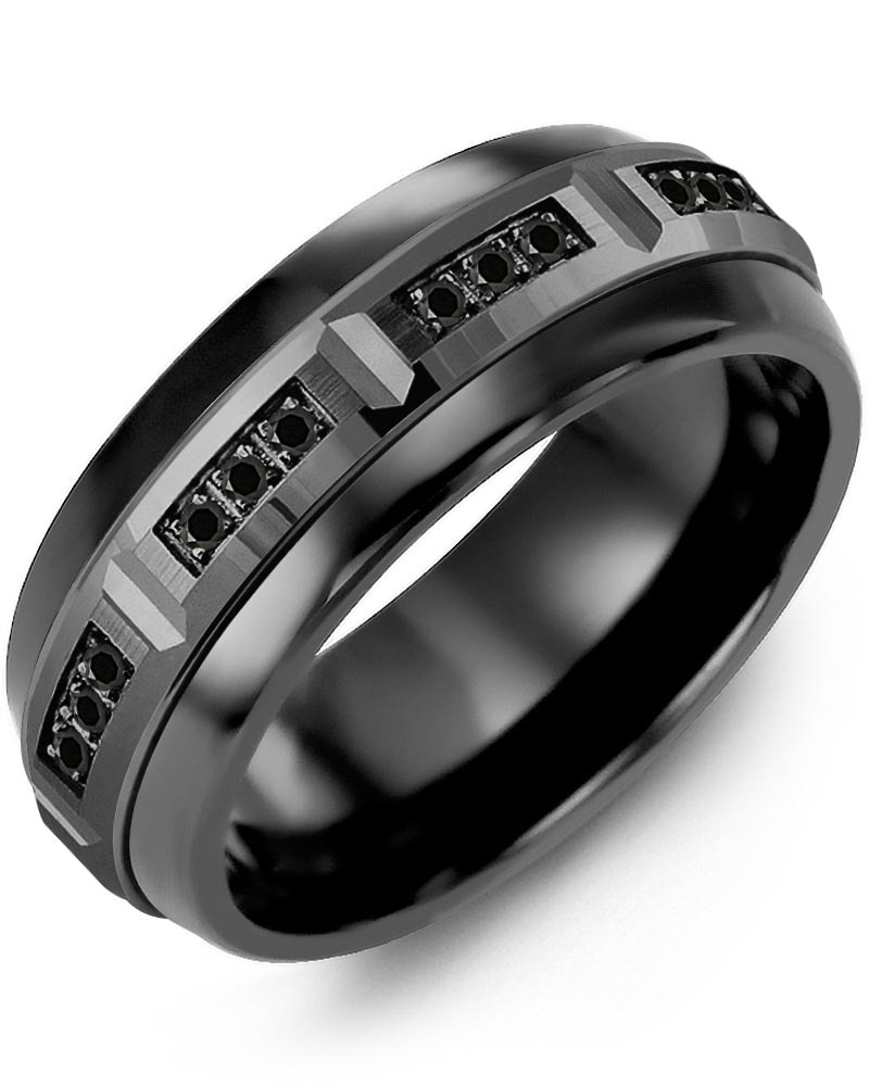 Men's & Women's All Black Beveled Diamond Wedding Band in Black Ceramic ...